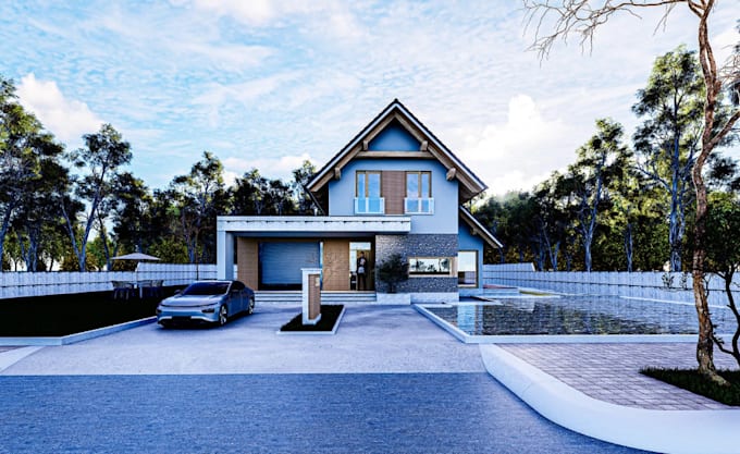 3d contemporary house,wooden roof apartment,minimal landscape,carport ...