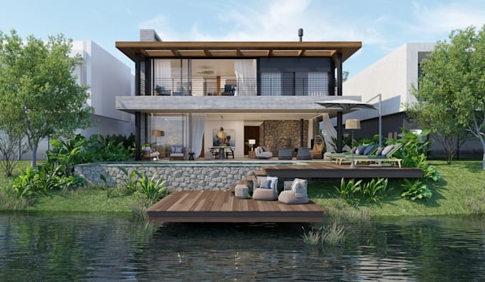 Remodel 3d waterfront property,luxury lake house rendering,modern ...