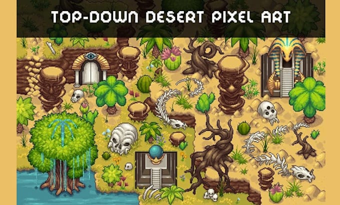 Haré tileset de pixel art, sprite sheet, tiles de mapa top down en 2d, assets para juego rpg