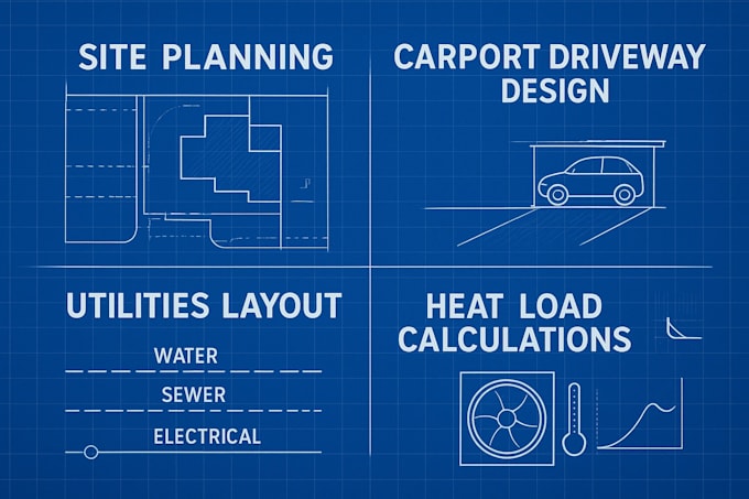 Site planning, carport driveway design, utilities layout and heat load ...