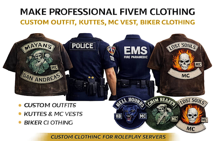 Make professional fivem clothing, custom outfit, kuttes, mc vest, biker ...