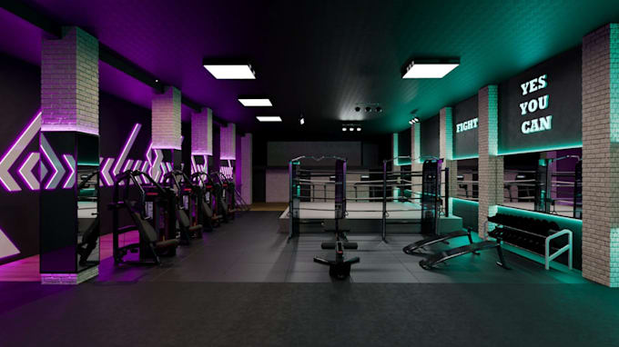 Renew 3d interior gym design,neon futuristic gym render,fitness center ...
