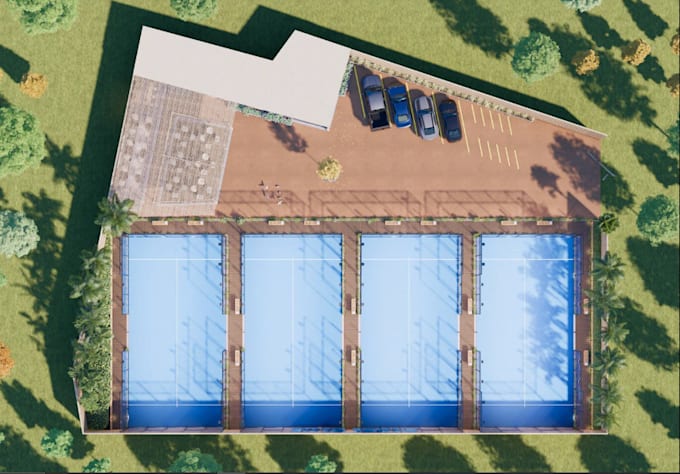 Create 3d paddle court,fitness center, birdeye view,multi paddle court ...