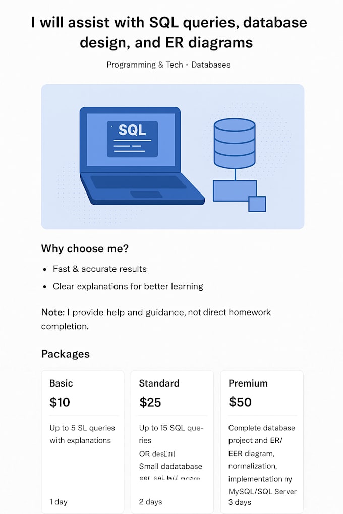 Assist with sql queries, database design, and er diagrams by Noor_fatiimah | Fiverr