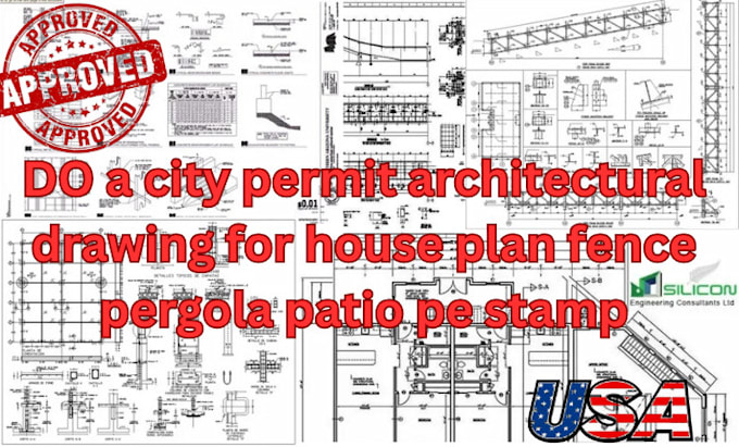 City permit architectural drawing for house plan fence pergola patio pe ...
