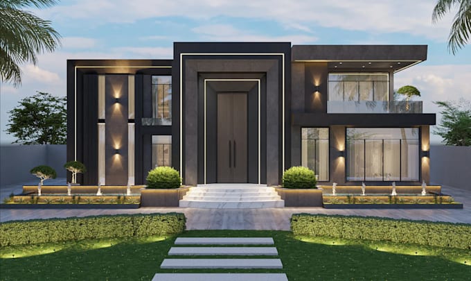 Design 3d modern exterior villa building, landscape design, garden ...
