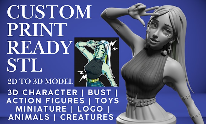 Convert 2d image photo art to 3d print character action figure toy stl ...