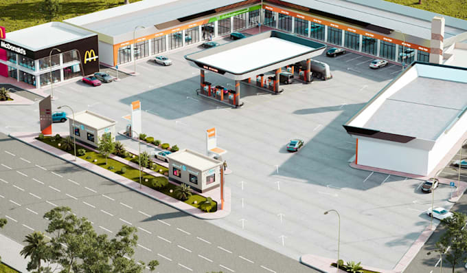 Renovate 3d gas station,exterior layout,plaza exterior render,logo mock ...