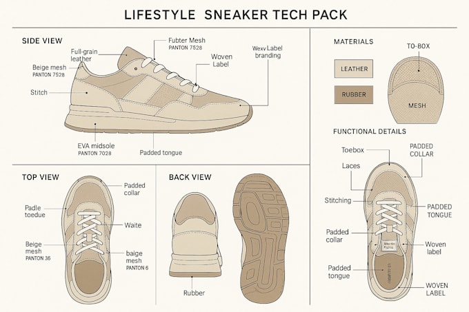 Create tech packs for shoes, footwear, bags and sneaker design sketch ...