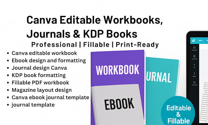Format, design canva editable fillable workbook ebook journal magazine ...