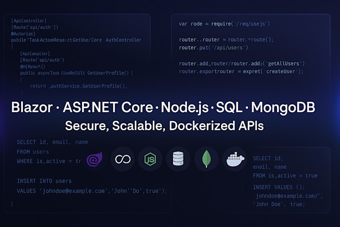 Construir api de blazor server, asp.net dot net, node.js/express, sql ...