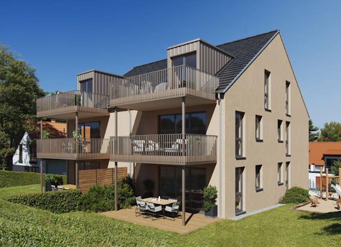 Render two story apartment structure,concrete roof,pent section plan ...