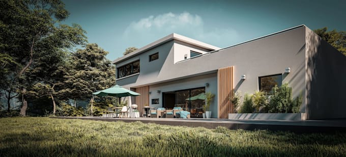 Create house outdoor rendering, garden backyard design, terrace patio ...