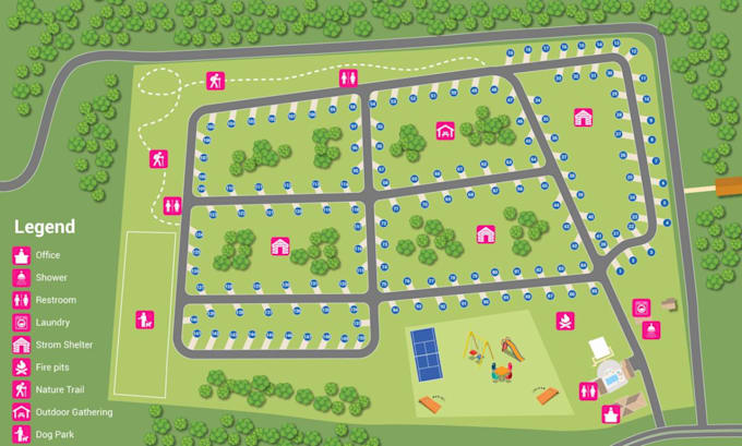 Projetar planos personalizados de parque de trailers, camping, resort com mapas vetoriais 2d ou 3d