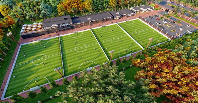 Visualize 3d football facility, aerial view,bar container,court ...
