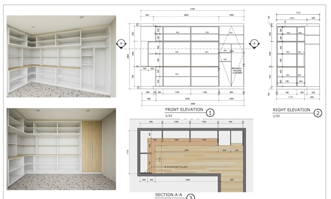 Draft furniture layout, cabinets, millwork drawing and technical shop ...