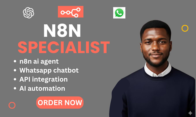 Haré automatización con n8n, flujo de trabajo con n8n, chatbot de whatsapp con n8n ai, agente de ...