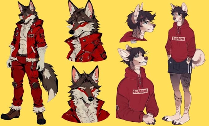Crie fichas de referência de personagens em estilo furry e anime para ocs