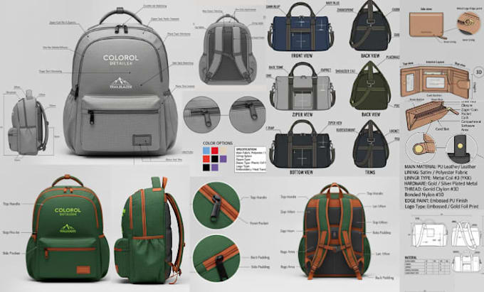 Create bag tech pack and flat sketch for backpack, handbag design and ...