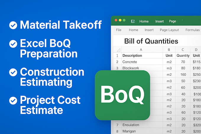 Material takeoff excel boq preparation construction estimating project ...
