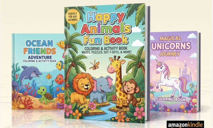 Create a modern kids coloring and activity book cover design, worksheet ...