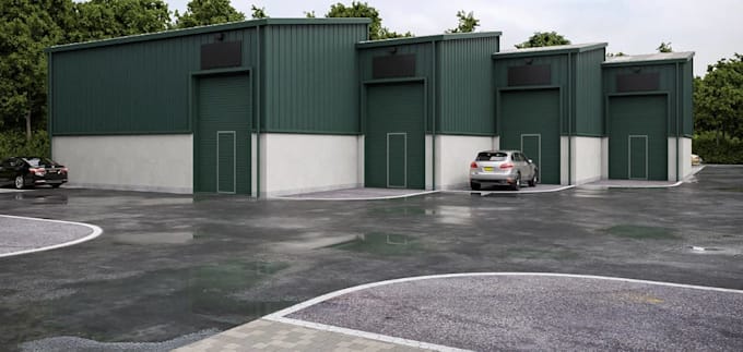 3d industrial complex,warehouse exterior,parking area,commercial ...