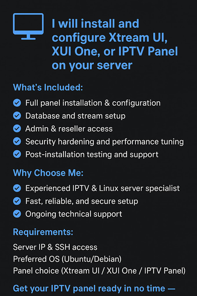 Install and configure xtream ui, xui one, or panel on your server by Johnservices11 | Fiverr