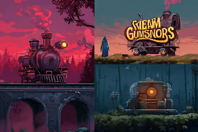 Design steam capsule game concept art background, pixel art, steam logo ...