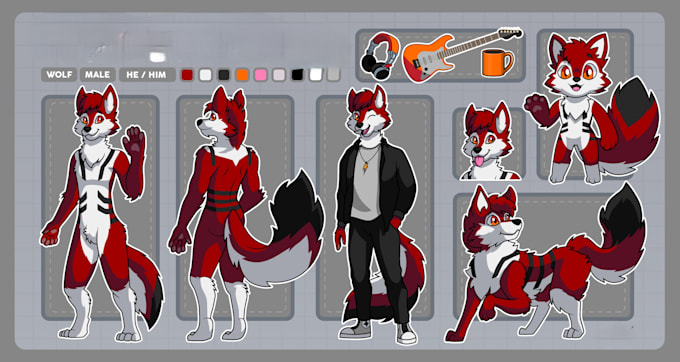 Create a detailed furry ref sheet, character design, fursona character ...