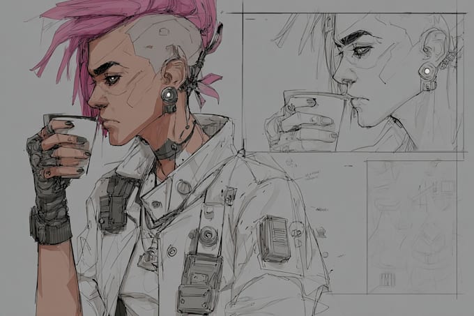 Design cyberpunk character, sketch character design by Malloryhen | Fiverr