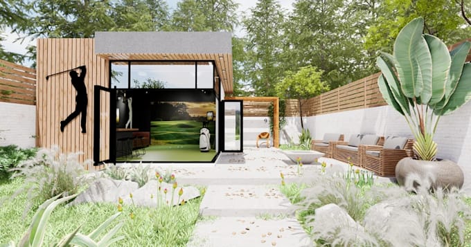 Render modern backyard golf studio,pavilion design ,leisure garden ...