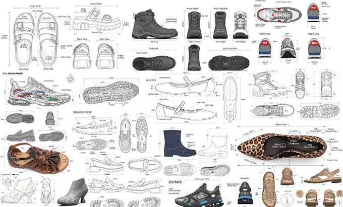 Design shoe tech pack, heels, sneakers, loafers, boot for manufacturing ...