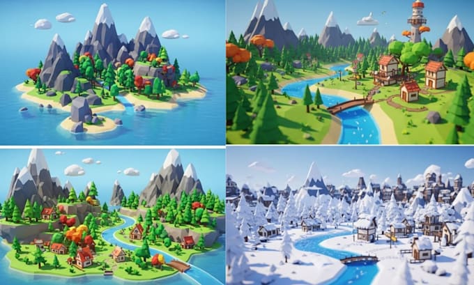 Create low poly environment fantasy game stylized low poly nature ...