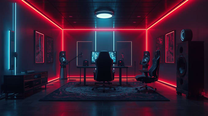 Design a modern gaming room or podcast studio interior with 3d ...