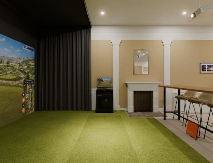 Render 3d basement golf simulator,sport render,wallsystem,golf club ...
