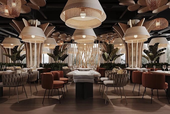 Remodel architectural 3d restaurant design, interior layout, rattan ...