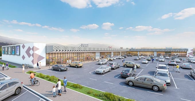 Reface commercial plaza,strip mall render, suburban retail building ...