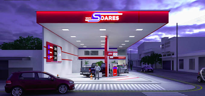 Create realistic 3d gas station design with interior, store and fuel ...