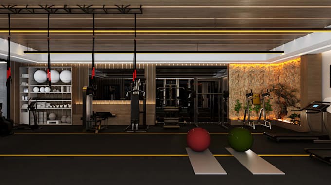 Render 3d private fitness space,interior design,treadmill,gym machine ...