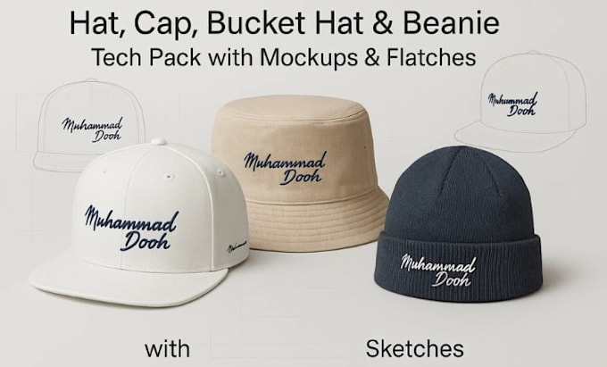Create hat cap bucket hat and beanie tech pack with factory ready ...
