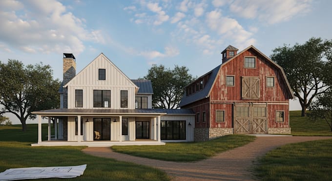 Create modern farmhouse and rustic barn house plans by Roselinegif | Fiverr
