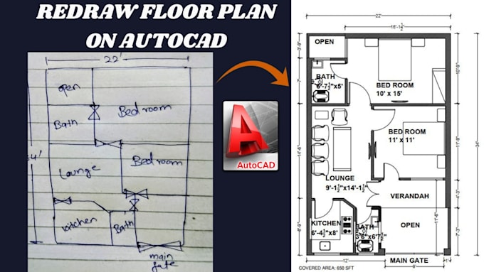 Redraw floor plan in autocad within 2 to 3 hrs by Shoaibjaan765 | Fiverr