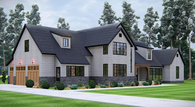 Deliver 3d farmhouse structure,architecture render,backyard lawn ...