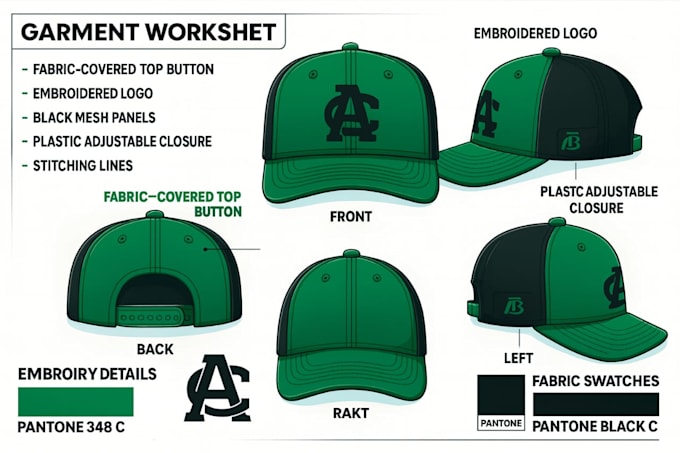 Create hat tech pack cap beanies mockup design apparel flat sketch cad ...