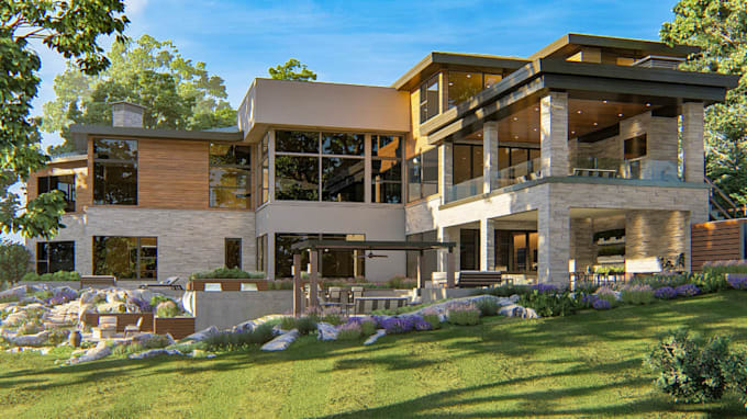 Render 3d hilltop house, contour architecture site,forest house ...
