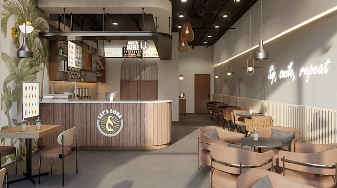 Visualize 3d boba shop interior,coffee booth,bar layout,counter design ...