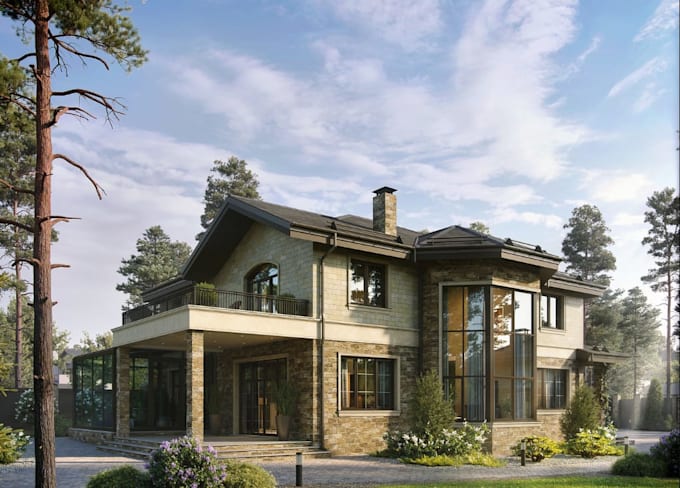 Renew cottage private house,layered roof, dusk exterior design, garden ...