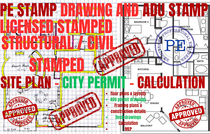 Draw architectural stamp plan, framing, adu, deck, mep for city permit ...