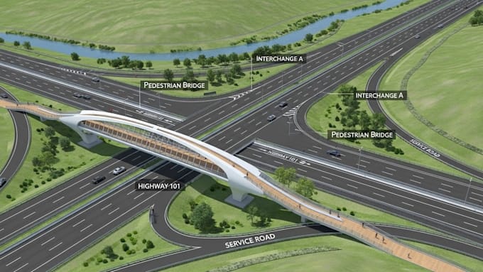 Design pedestrian bridge, 3d highway design and road infrastructure ...