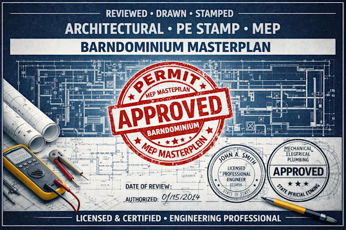 Review, draw stamp architectural, pe stamp mep barndominium masterplan ...